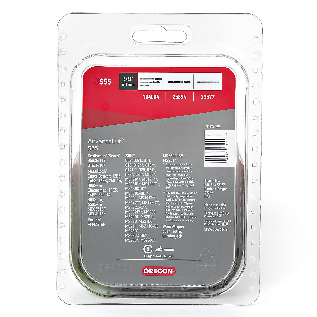 Oregon S55 AdvanceCut Chainsaw Chain for 16-Inch Bar -55 Drive Links – low-kickback chain fits McCulloch, Stihl, Wagner and more