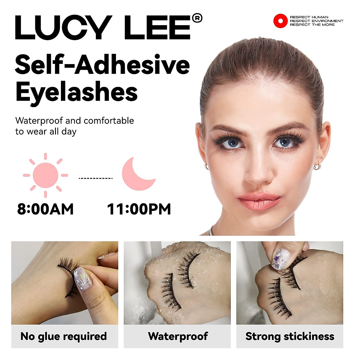 LUCY LEE Reusable Self-Adhesive Eyelashes 3 Pairs, False Eyelashes No Glue or Eyeliner Needed, Easy to Put on within 3 Secs, Stable/Non-slip Waterproof Fake Eyelashes Soft Reusable Lashes 3D