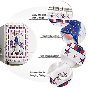 BestLives 4th of July Shower Curtain Sets with Rugs Buffalo Check Gnome USA Flag Non-Slip Soft Toilet Lid Cover for Bathroom Stars 4 Pcs Bathroom Sets with Bath Mat