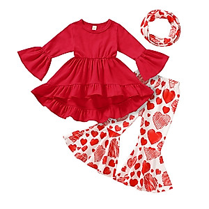YOUNGER TREE Toddler Girl Kids Valentine's Day Outfits Long Sleeve Pullover Red Tops + Heart Bell Bottom 3Pcs Clothes Sets (Red, 4T-5T)