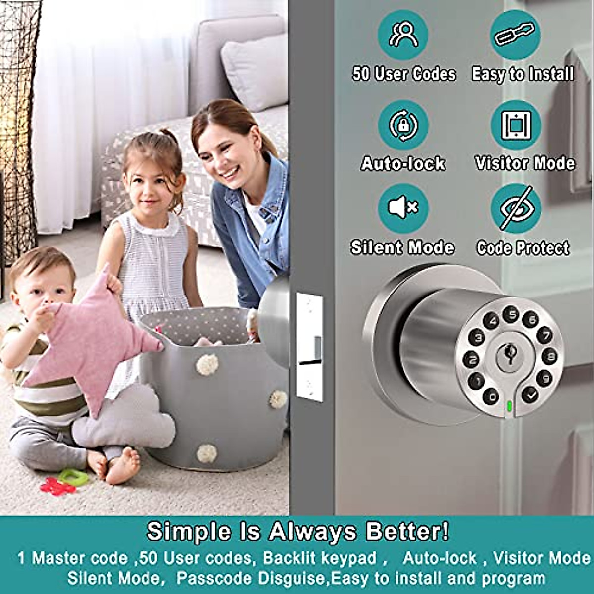 BOTHSTAR Keypad Door Knob with Key,Keyless Entry Door Lock, Code Locks Door Knob, Auto Lock,50 User Code,Easy to Install,for Home,Office,Hotel,Bedroom,Garage,No Deadbolt