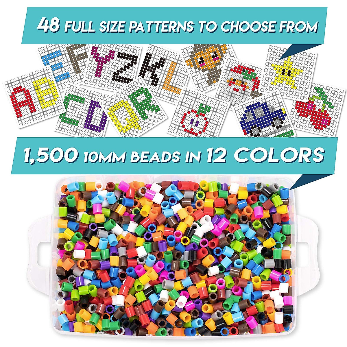 Fuse Beads kit of 1500 Large 10MM Melty Beads Perfect for Ages 4-7 with 48 Patterns and pegboard Arts and Crafts for Girls and Boys