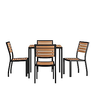 Flash Furniture 5 Piece Patio Table Set - Synthetic Teak Poly Slats - 35" Square Steel Framed Table with 4 Faux Teak Chairs