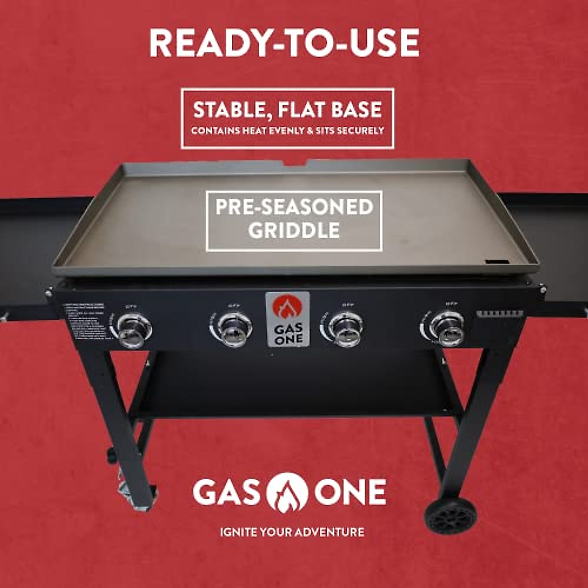 Gas One Propane Burner Grill – 36-Inch Flat Top Grill Griddle Cooking Station – Foldable 4 Burner Propane Grill with Pre-Seasoned Griddle – Professional Burners for Outdoor Cooking with Side Shelves