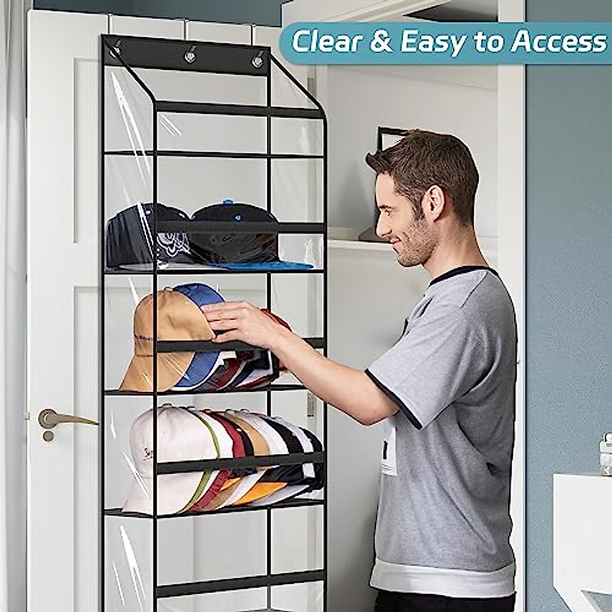 AOODA Clear Over the Door Hat Racks for Baseball Caps, Large Holds up to 72 Caps Hat Storage Organizer for Closet Wall, Deep Pockets Hanging Hat Holder with 3 Hooks, Black
