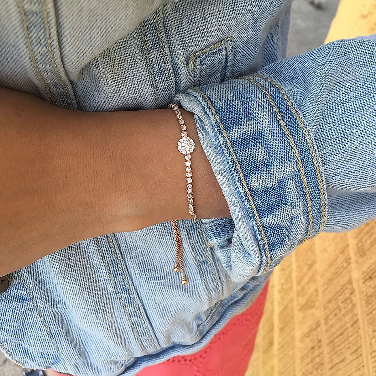 Micropave Disc Bolo Bracelet Adjustable 10 Inch 14K Rose Gold Plating