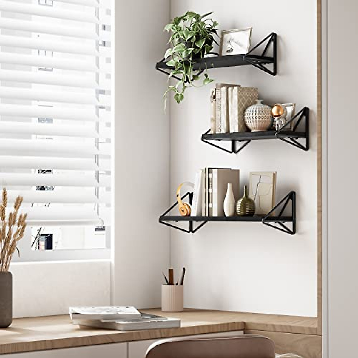 SRIWATANA Floating Shelves Wall Mounted, Rustic Wood Wall Shelves Set of 3 for Bedroom, Living Room, Kitchen, Bathroom - Black