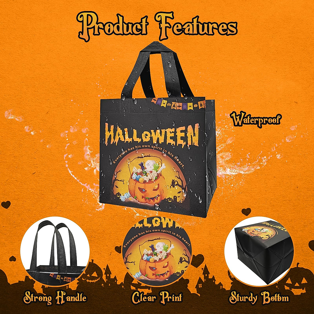 Maetrin Halloween Bags for Trick or Treat Bags, 12pcs Small Halloween Party Favors Gift Bags with Handles for Kids & Adult, Premium Non-Woven Halloween Tote Bags with 12 Different Designs