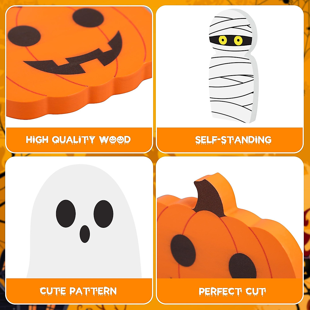 6 Pcs Halloween Wooden Decor Halloween Tiered Tray Decorations Pumpkin Ghost Bat Black Cat Mummy Candy Corn Table Signs Rustic Farmhouse Table Centerpiece for Halloween Party Home Shelf Decor