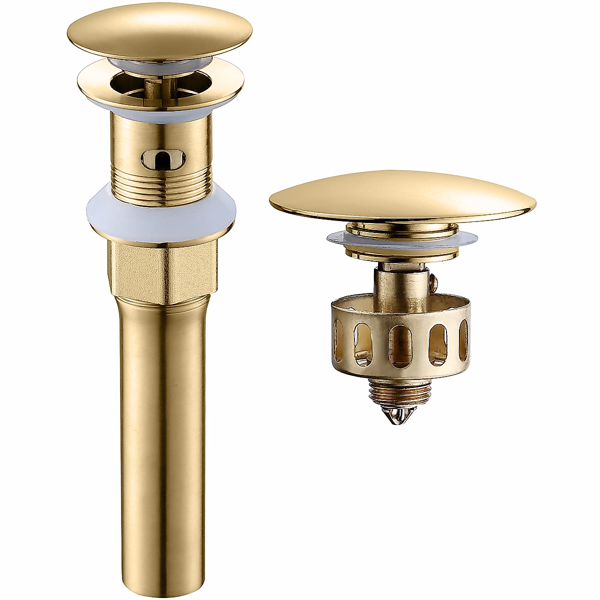 SINGSUO Pop Up Drain Stopper for Bathroom Sink, Pop Up Sink Drain with Detachable Basket Stopper, Basin Pop-up Drain Filter, Vessel Sink Drain Assembly (Brushed Gold)