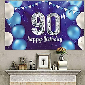 Happy 90th Birthday Banner Background Decorations Balloons Stars Crystal Confetti Theme Decor for Men or Women Cheers to 90 years Party Supplies Photo Booth Props Blue Purple Silver