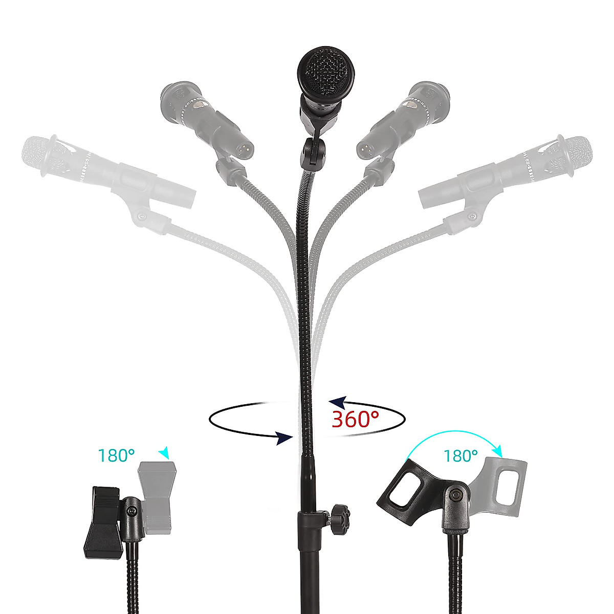 Mic Stand Boom Microphone Stands Tripod Gooseneck mic arm stand Height Adjustable 3'- 6' with Mic Clips and 3/8" - 5/8" Adapter Microphone stand for Singing