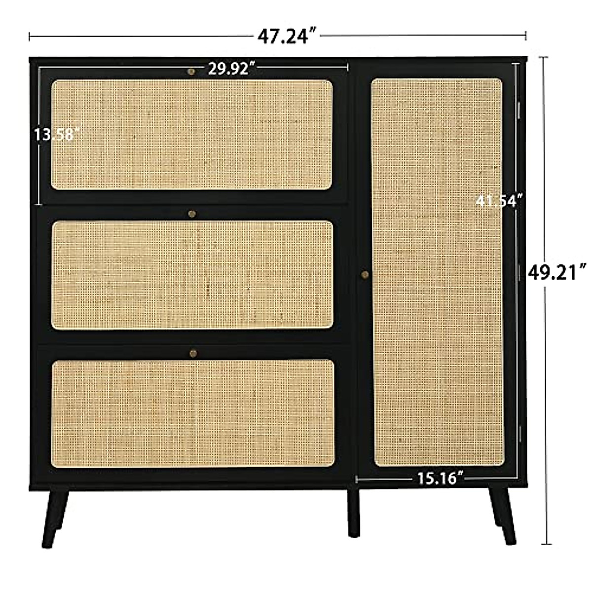 FOKWE Natural Rattan Shoe Cabinet, Shoe Cabinet with 3 Flip Drawers and Storage Shelves, Modern 3-Tier Shoe Rack Storage Cabinet for Entryway, Hallway, Bedroom(Black)