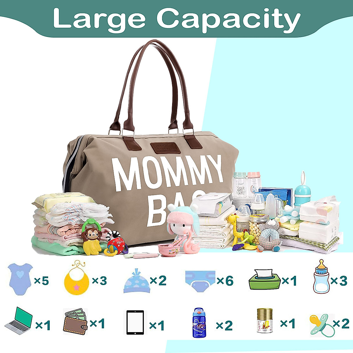 CHQEL Mommy Diaper Bag - Large Travel Bag for Hospital & Baby Care (Beige)