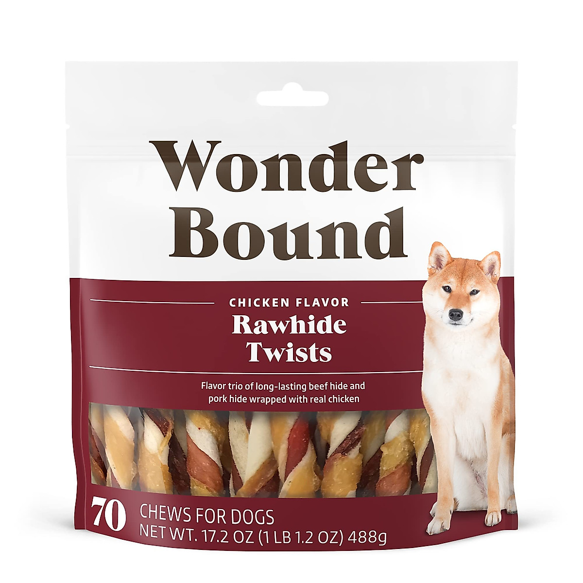Amazon Brand - Wonder Bound Chicken Flavor Dog Rawhide Twist Sticks, 70 Count, 1.08 Pound (Pack of 1)