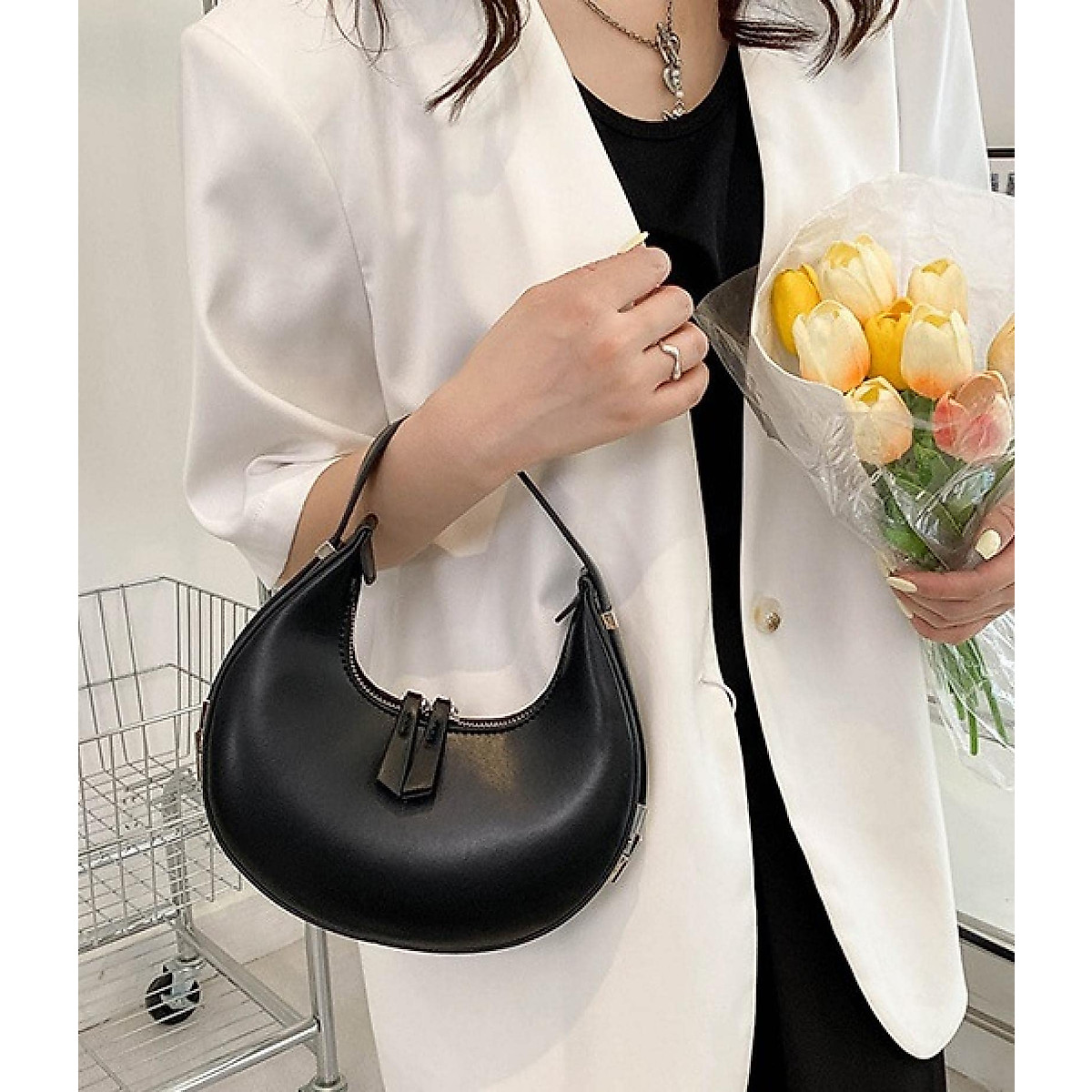 ZUKKY The Women's Bag High-Grade Texture Fashion Temperament Niche One-Shoulder Armpit Hand-Held Crescent Bag Black