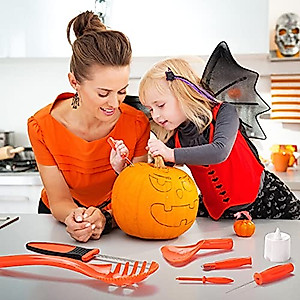 Pumpkin Carving Kit for Kids, 6 Easy Halloween Pumpkin Carving Tools Set, 6 LED Candles, 10 Carving Stencils & 20 Halloween Cellophane Candy Bags
