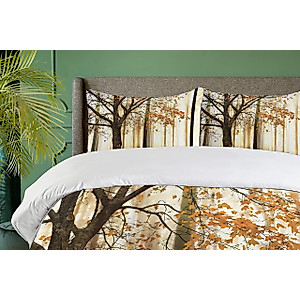 Ambesonne Autumn Duvet Cover Set, Picture of a Lonely Tree Leaves on an Abstract Woodland Background Print, Decorative 3 Piece Bedding Set with 2 Pillow Shams, Queen Size, Orange Brown