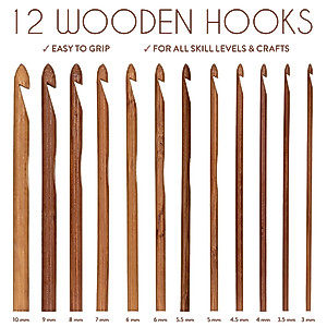 Leather Crochet Bag Backpack - Travel Knitting Bag Project Organizer Totes has Detachable Strap, 12 Wooden Hooks, 12 Skeins of 25g Yarn Storage Pocket & Grommets for Crocheting On the Go