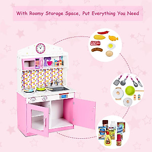 FFlyer Kids Kitchen Playset, Wooden Pretend Cooking Playset w/ Cookware Accessories, Removable Sink, Microwave, Display Shelf, Toddler Pretend Play Kitchen Toy, Best Gift for Girl, Pink