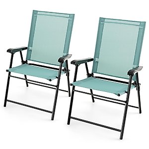 Tangkula Patio Folding Chairs Set of 2, Outdoor Sling Chairs with Breathable Fabric Back & Seat, Portable Dining Camping Chairs for Poolside, Yard, Garden, Deck, Lawn, Beach (Mint Green)