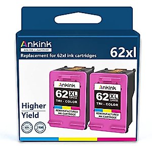 Ankink Higher Yield Remanufactured HP 62XL Ink Cartridge Replacement for 62 HP62XL hp62 XL Envy 5540 5640 5660 7640 7645 OfficeJet 200 250 5740 8040 Printer Toner Color (Tricolor) Combo 2 Pack