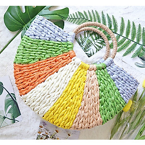 QZUnique Straw Handbags Rainbow Stitching Top Handle Tote Women's Summer Beach Natural Casual Satchel Shoulder Bag