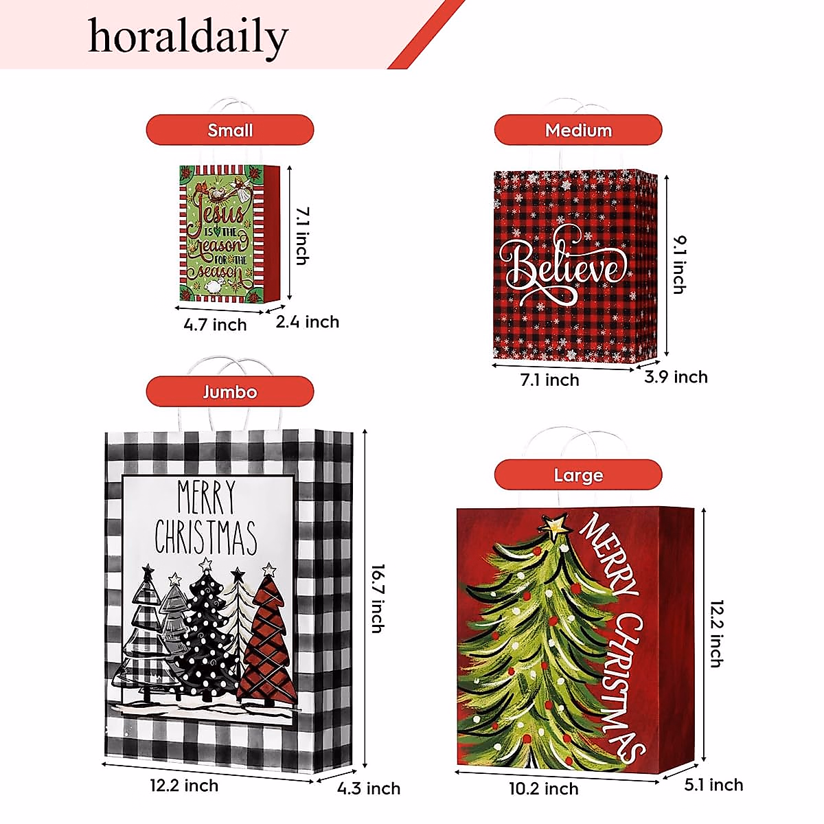Horaldaily 24 Christmas Gift Paper Bags Bulk with handles Wrapping Xmas Holiday Presents(6 Jumbo,6 Large,6 Medium,6 Small)