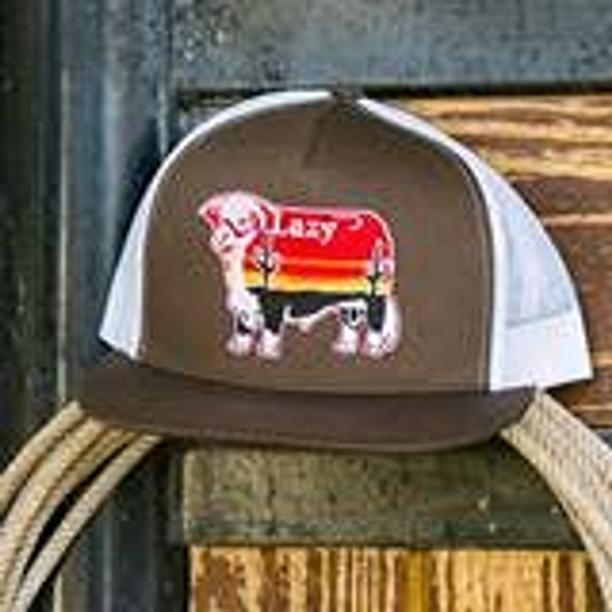 Lazy J Mens Baseball Cap Ranch Wear Brown & White 4" Sunrise Cactus Bull Cap