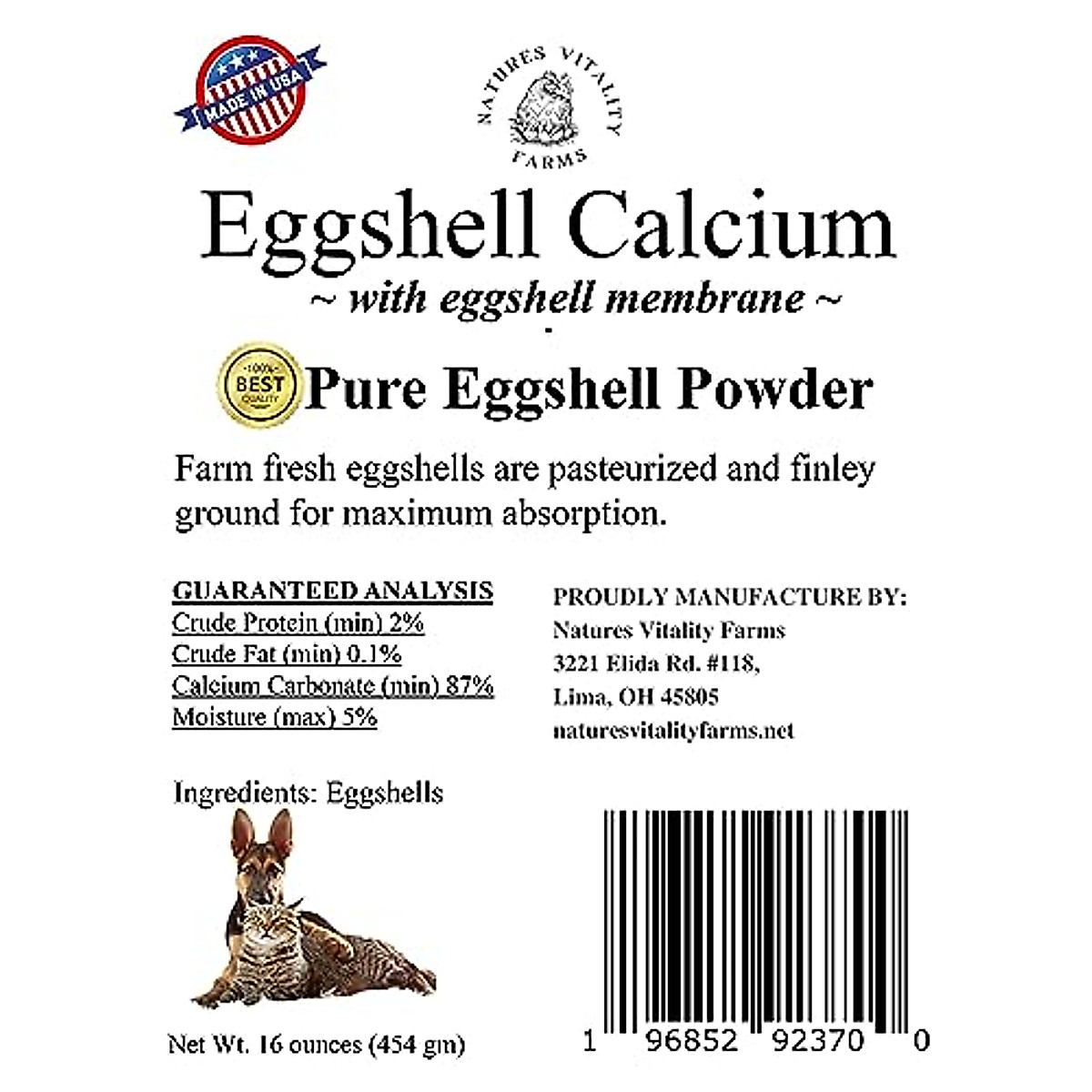 12 oz Pure U.S.A. Eggshell Powder for Dogs/Cats, Calcium Supplement with Membrane, Finely Ground Egg Shells