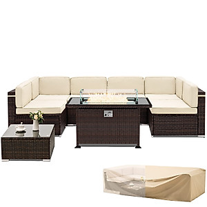 UDPATIO 8 Piece Patio Furniture Sets with Fire Pit Table, Rattan Outdoor Patio Furniture Sofa Sectional w/Gas Fire Pit, Coffee Table, 2 Waterproof Covers,for Patio Back Deck, Balcany, Poolside,Cream