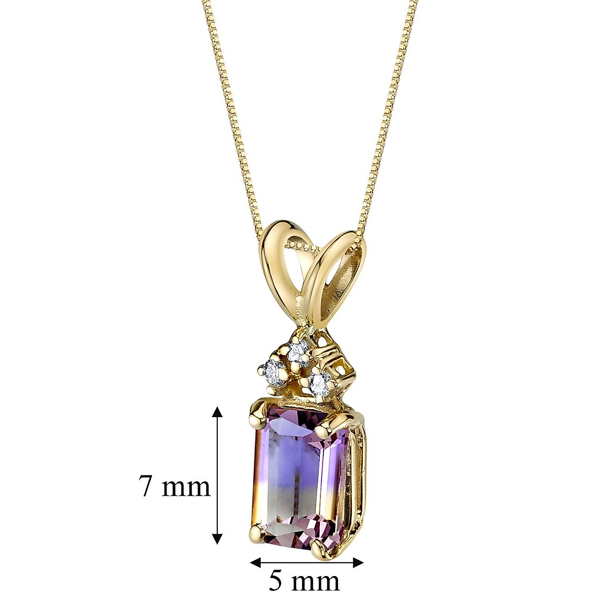 PEORA Solid 14K Yellow Gold Ametrine with Diamonds Pendant for Women, Genuine Gemstone Solitaire, Emerald Cut, 7x5mm, 1 Carat total