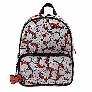 AI ACCESSORY INNOVATIONS Sanrio’s Hello Kitty Allover Print Double Strap Shoulder Bag, Mini Backpack Purse with Molded Bow Dangle, 10.5 Inches, Adjustable Straps, Faux Leather