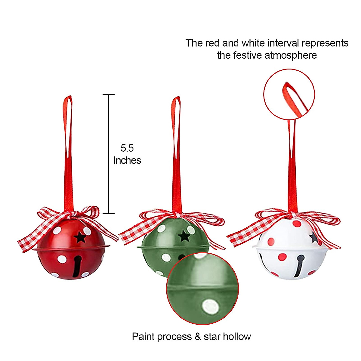 Gesundheit 12 PCS 2" Tall Christmas Jingle Bell,Christmas Tree Bells Pendant,Christmas Holiday Party Supplies Craft Bells with Star Cutouts, Red & White & Green for Home Garden Christmas Tree Decor,