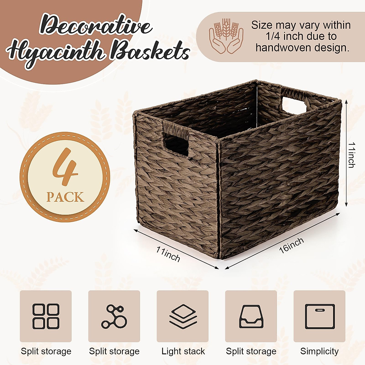 Layhit 4 Pcs Wicker Storage Basket Water Hyacinth Handwoven Baskets with Handles Foldable Woven Organizer Multipurpose Wicker Storage Bins for Bedroom Living Room(16 x 11 x 11'',Dark Brown)