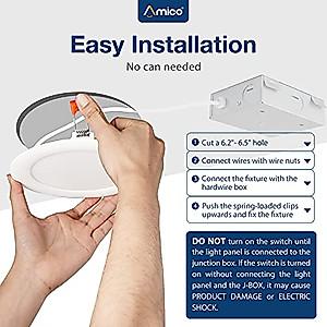 Amico 12 Pack 6 Inch 3CCT Ultra-Thin LED Recessed Ceiling Light with Junction Box, 3000K/4000K/5000K Selectable, 12W Eqv 100W, Dimmable LED Can Lights, 1000LM High Brightness Downlight