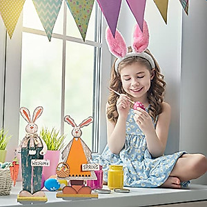 SY Super Bang 2pcs Retro Bunny Easter Wooden Decorations, Rustic Rabbit Tabletop Decor for Centerpiece Home Farmhouse Party Spring Summer Holiday.