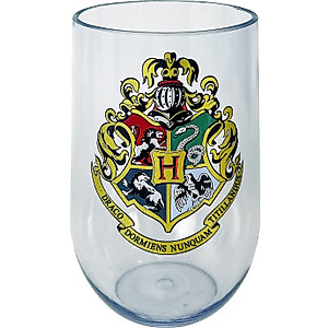 Spoontiques - Hogwarts Crest Acrylic Wine Cup - Harry Potter Acrylic Wine Tumbler – Acrylic Stemless Wine Glass – 16oz - 5 5/8” Tall