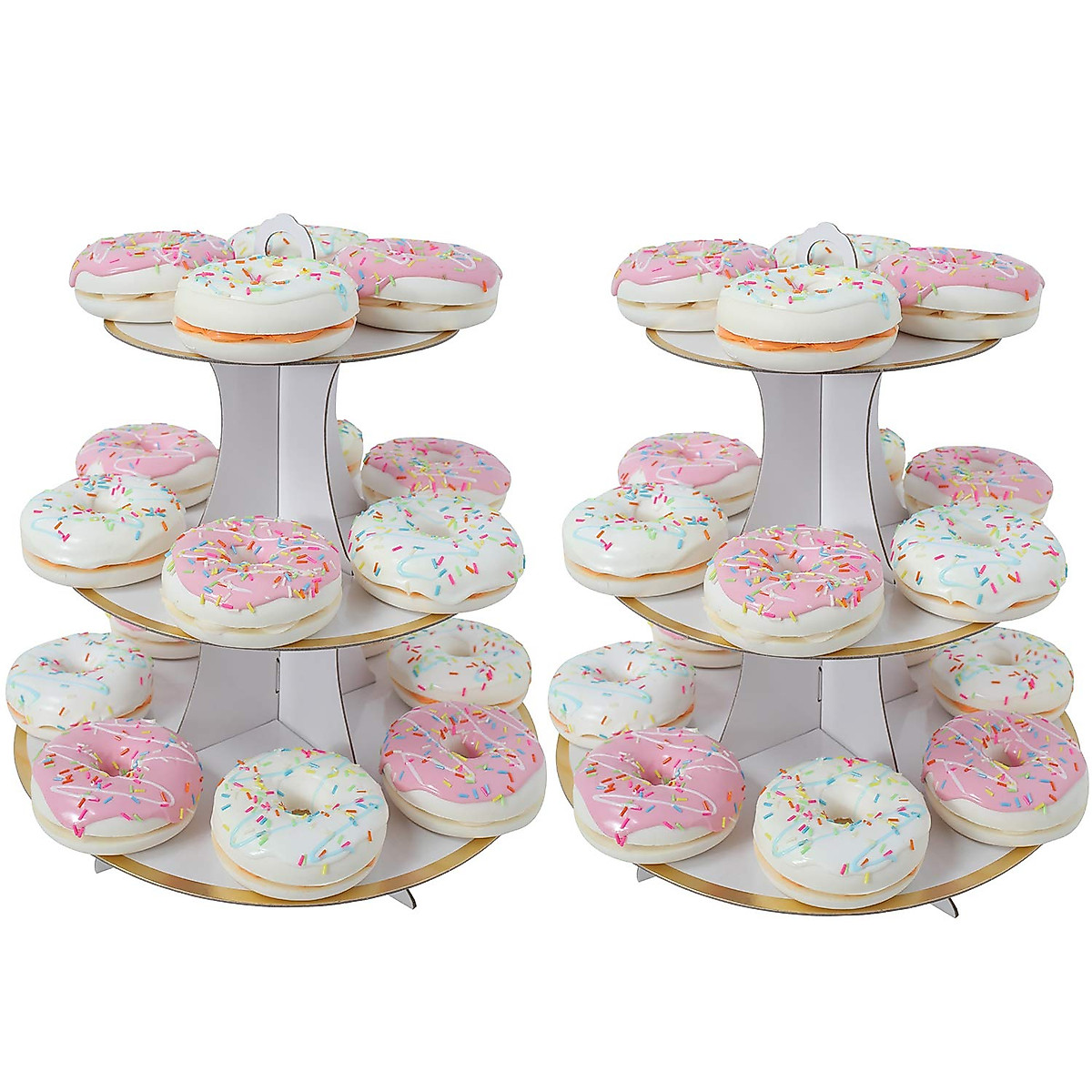 2 Set White and Gold 3-Tier Round Cardboard Cupcake Stand for 24 Cupcakes Perfect for Oh Baby Bridal Shower Birthday Party Supplies (White)