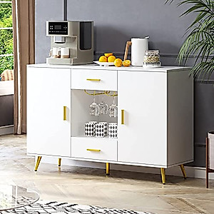 YITAHOME Sideboard Buffet, Buffet Cabinet Storage Credenza w/Adjustable Shelf, Wine Glass Holder, Drawers, Modern White & Gold Dresser 300 lbs Capacity for Living Room, Kitchen, Dining Room, White