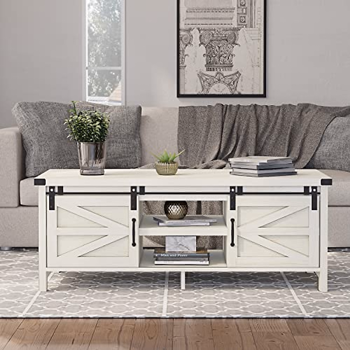 St.Mandyu Farmhouse Coffee Table with Hidden Compartment and Storage Cabinets Shelves, Wood Rectangular Tables with Sliding Barn Doors for Living Room Reception, Wash White