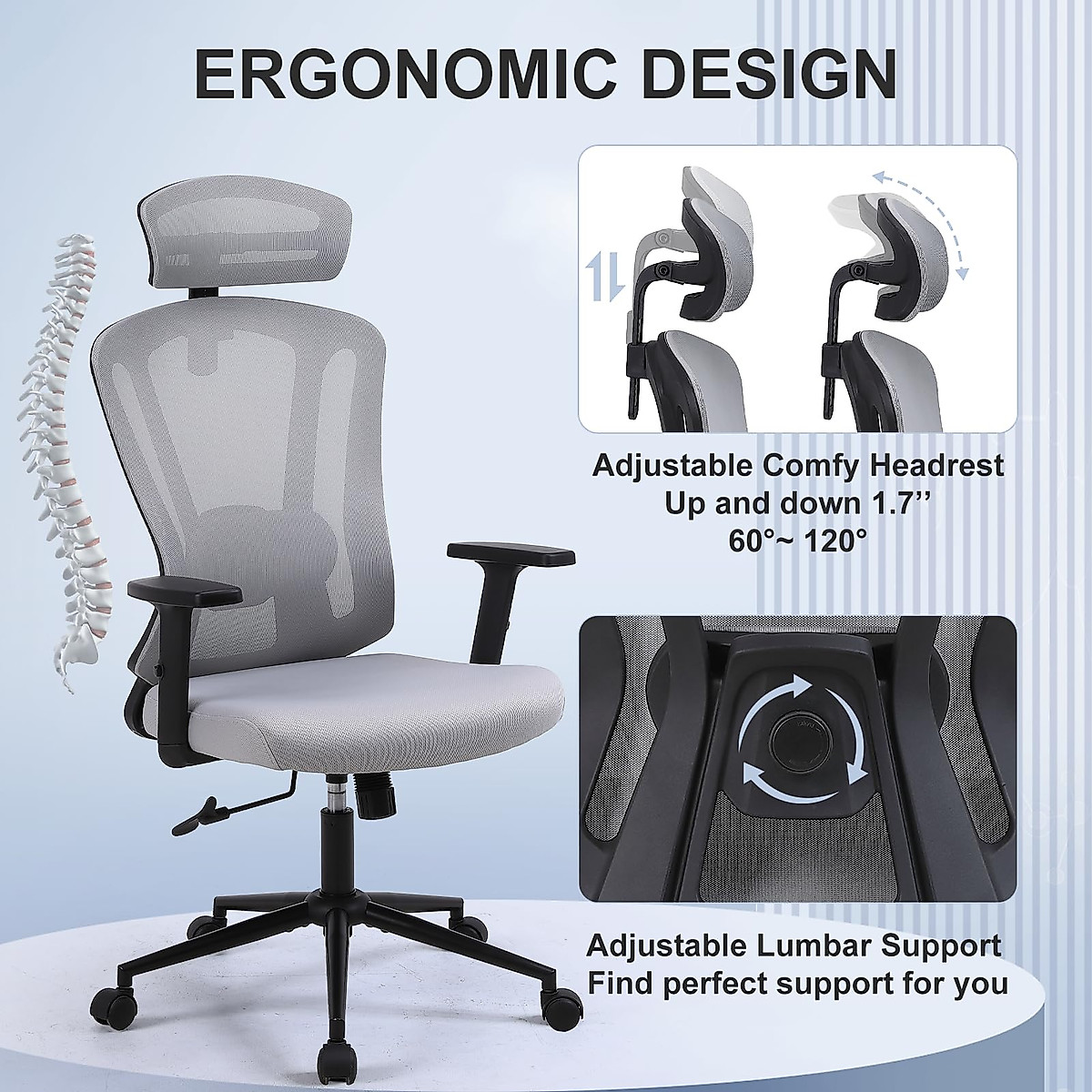 Ermnois Ergonomic Home Office Chair, High Back Desk Chair with Adjustable Lumbar Support, 2D Armrest and Headrest, Mesh Computer Gaming Chair with Tilt Function (1, Grey)