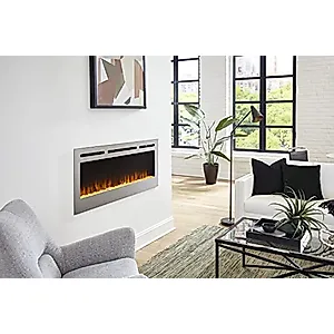The Sideline Deluxe™ by Touchstone - Stainless Steel Electric Fireplace - 50 Inch Wide - in Wall Recessed - 5 Flame Settings - Multiple Color Flame - 1500W Heater - Log & Crystal Hearth Options- 86273