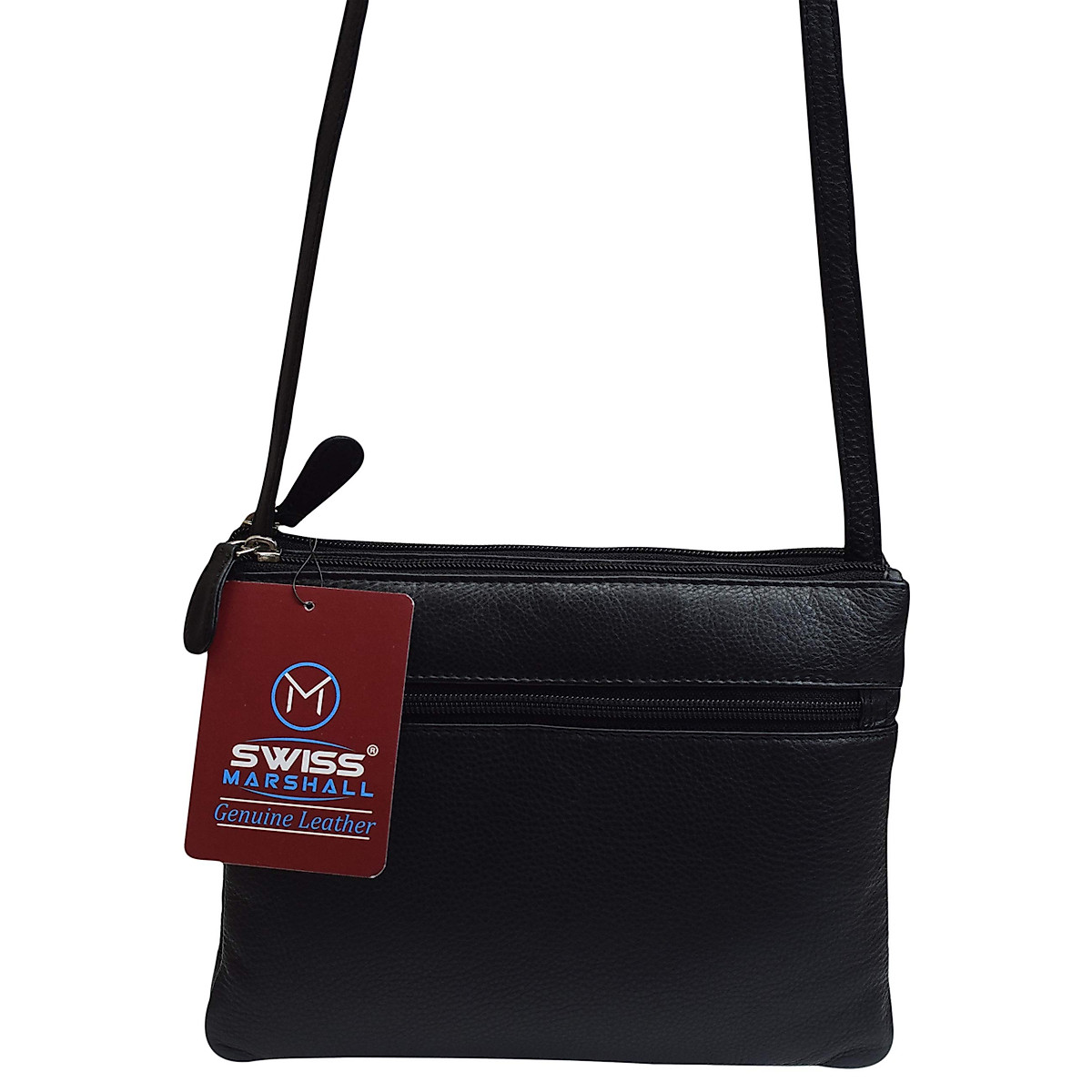 Swiss Marshal Genuine Leather Womens Purse Double Zipper Top Pockets Crossbody Shoulder Bag for Ladies (Black)