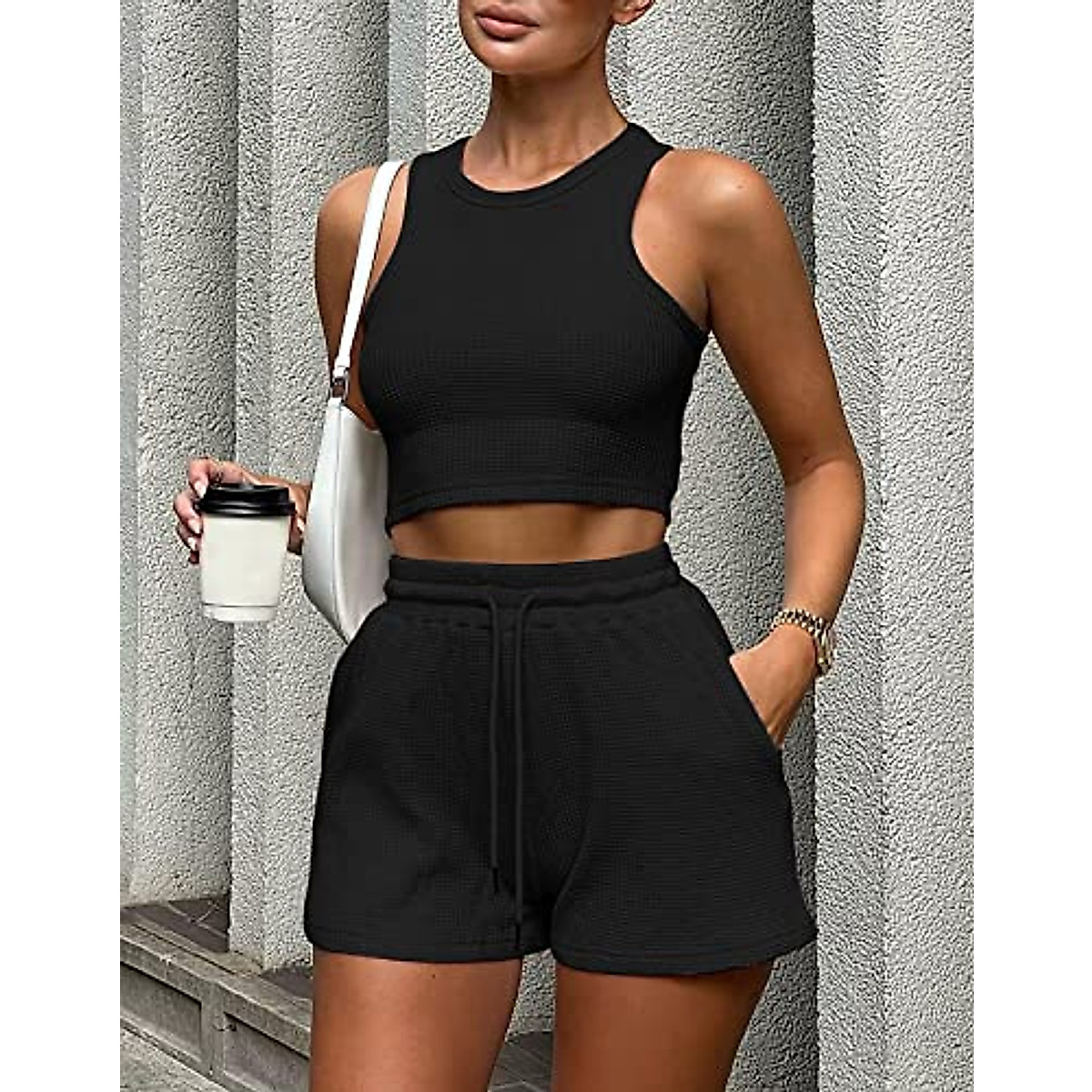 PEIARA 2 Piece Shorts Set for Women Outfits Vacation Linen Lounge Set Waffle Crop Top And Drawstring Shorts Set Tracksuits