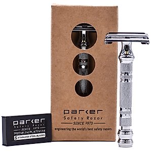Parker 66R Twist-to-Open Double Edge Safety Razor with 5 Parker Platinum Blade Refills for Smooth and Close Shaves