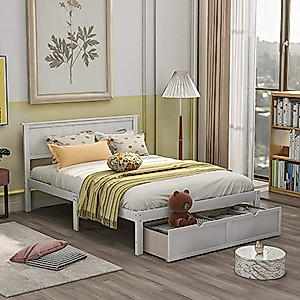 Modern Solid Wooden Platform Bed with Large Drawer Low Bed Frame with Headboard, No Box Spring Needed/Easy Assembly, Full White
