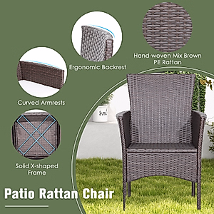 Tangkula 3 Pieces Patio Furniture Set, Outdoor Mix Brown Wicker Dining Set w/Acacia Wood Top Table, Comfortable Cushioned Chairs, Space-Saving Rattan Conversation Set for Garden, Backyard, Porch