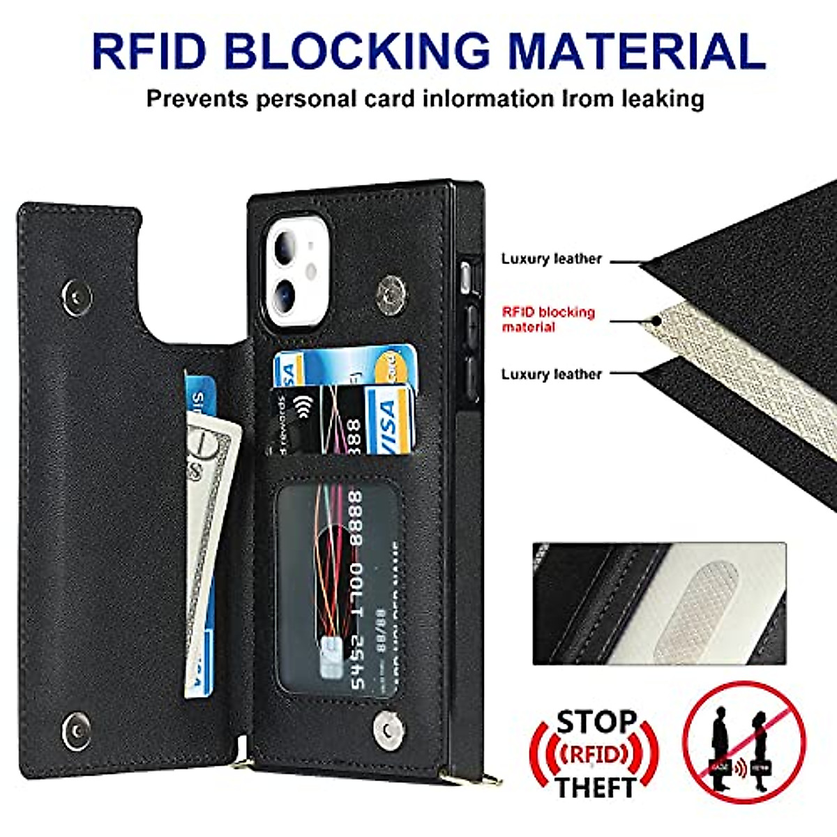 DEFBSC Compatible with iPhone 12 iPhone 12 Pro Case, Crossbody Wallet Case, Adjustable Detachable Lanyard Neck Strap with Kickstand Leather Card Holder Protective Cover-Black