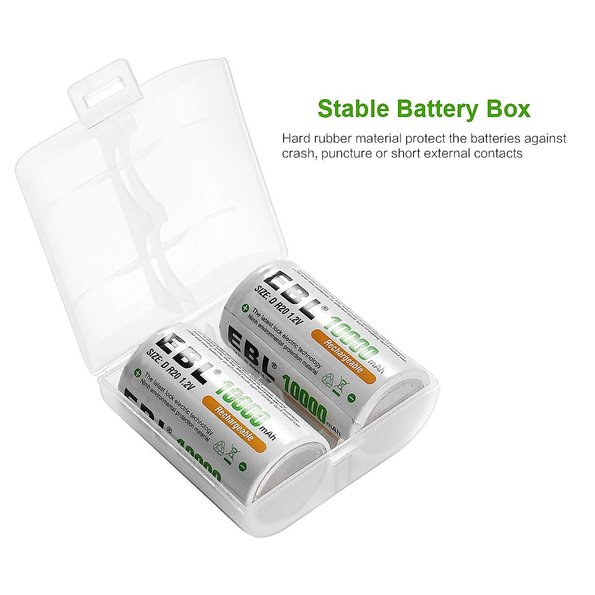 EBL D Cell Batteries 10,000mAh Ultra Pro Ni-MH Rechargeable D Batteries, 4-Pack(Battery Storage Case Included)